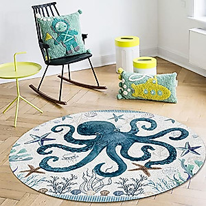 Ocean Octopus Round Area Rugs 5ft - Soft Area Rug for Kids Room, Blue Summer Beach Nautical Coastal Starfish Coral Machine Washable Living Room Circle Rugs, Non-Shedding Bedroom Carpet Floor Mat