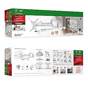 Barkan 40" Long White TV Wall Mount, 13 - 80 inch Dual Arm Full Motion Articulating - 4 Movement Flat / Curved Screen Bracket, Holds up to 110lbs, Extra Stable, Fits LED OLED LCD