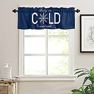 Kitchen Curtain Valances for Windows, Christmas Valance Curtains Rod Pocket Window Curtain Bathroom Window Valance for Bedroom 54"x18" Cold Winter Snowflakes Blue Backdrop