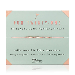 Lucky Feather 21st Birthday Gifts For Her - 14K Gold Dipped Beads Bracelet on Adjustable 7”- 8” Cord - Women Turning 21 Birthday Gifts For Her (rose-gold-plated-base)