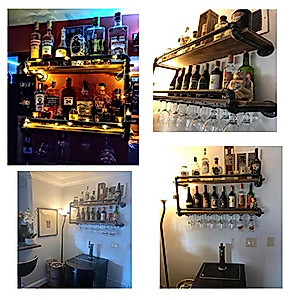 Industrial Wall Mounted Wine Racks with 4 Stem Glass Holder,24inch Rustic Metal Hanging Wine Holder Glass Rack,2-Tiers Floating Bar Shelves Bottle Holder Storage Shelves,Wood Shelves Wall Shelf