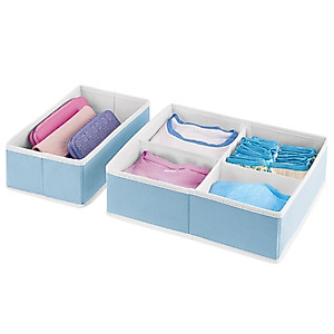 mDesign Soft Fabric Polka Dot Dresser Drawer and Closet Storage Organizer Bin for Child/Kids Room, Nursery, Playroom - Divided 5 Section Tray, Set of 4 - Light Blue/White