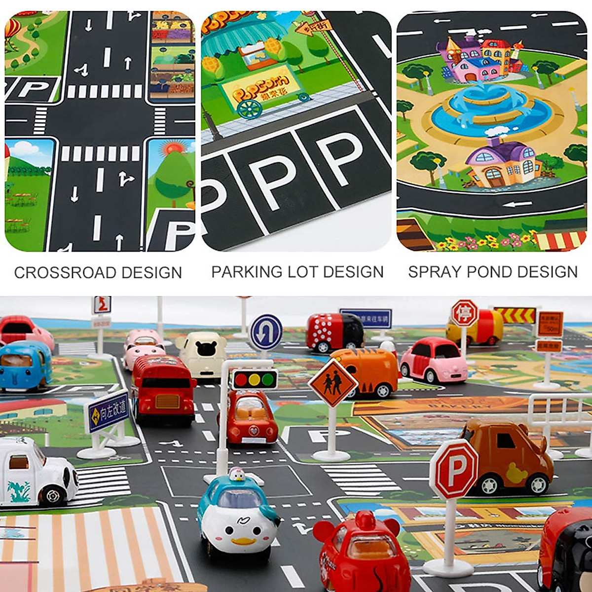 Plastic Toy Rug, Self Cleaning Oil Free Cloth,Washable for Floor Or Table,Kids Carpet PVC City Life,Educational Road Traffic Play Mat Learning Carpets for Kids
