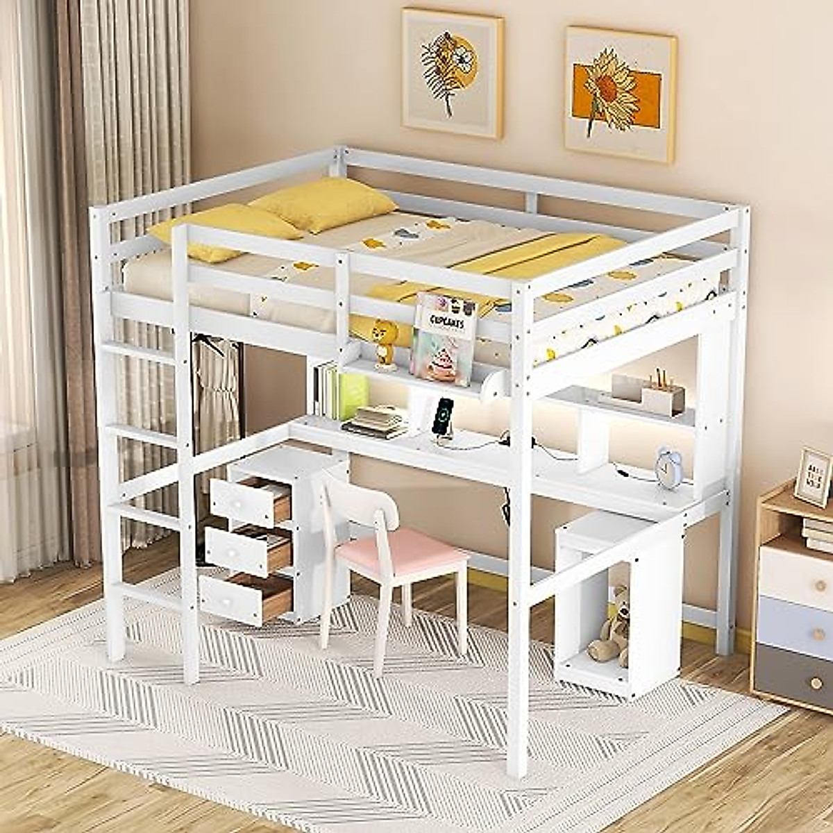 WADRI Full Size Loft Bed with Multi-Storage Desk, Wood Loft Bed Frame with LED Light and Bedside Tray, Loft Bed with Charging Station for Kids Teens Adult, Space-Saving Design