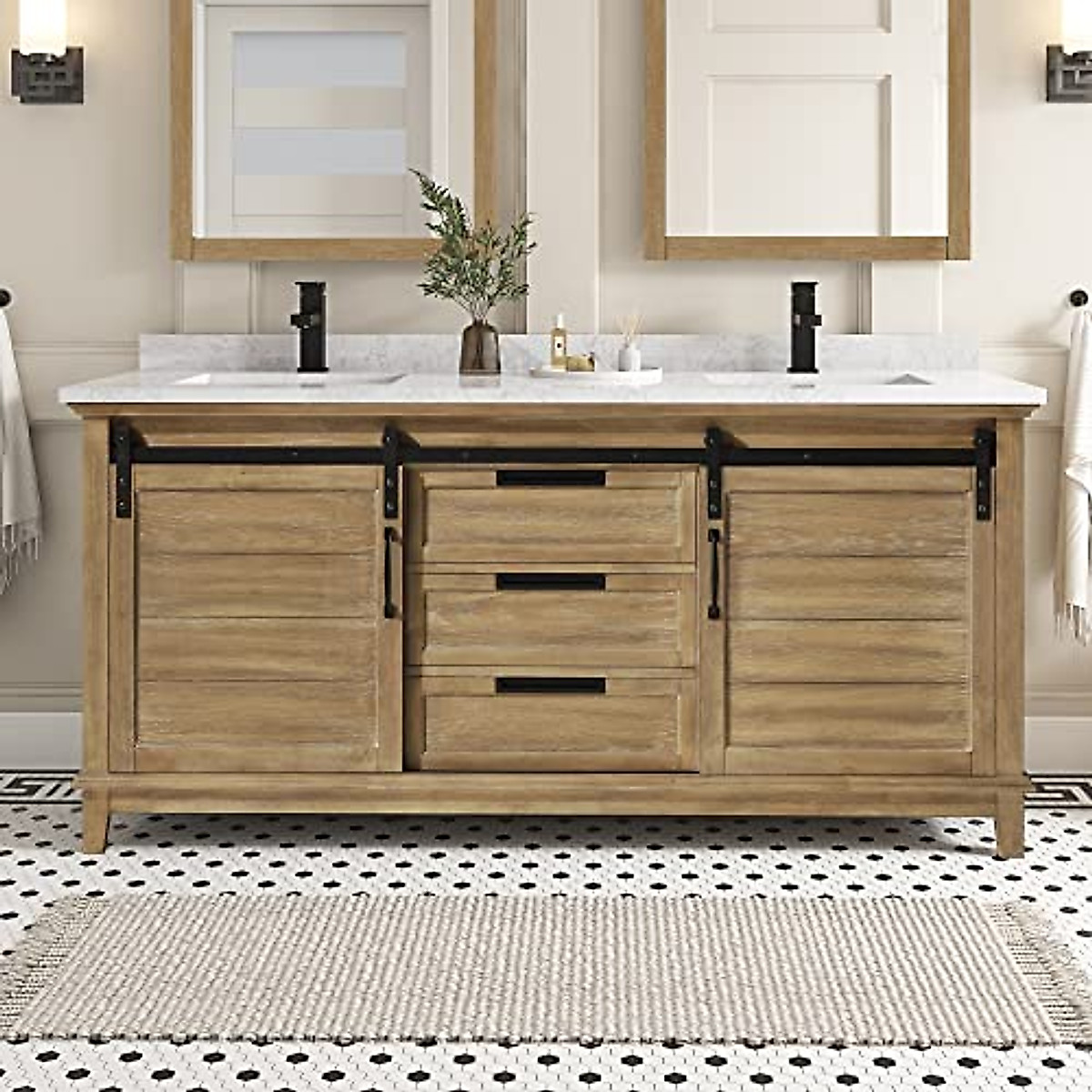 OVE Decors Edenderry 72" Double Undermount Sink Bathroom Vanity with Cultured Marble Countertop and Barn Doors, Pre-Assembled | Backsplash Included | 03 Drawers and Power Bar, 72 inches, Rustic Almond