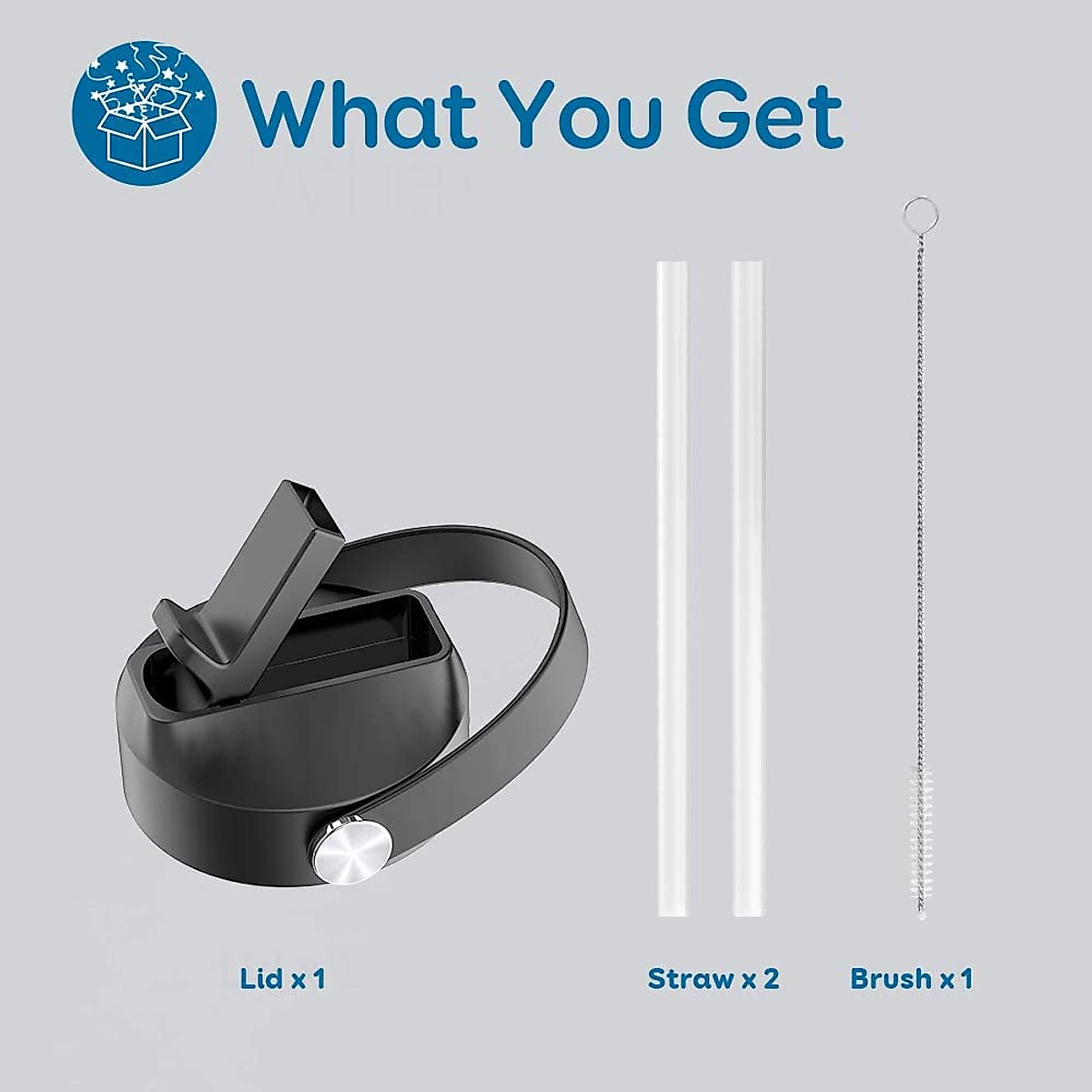 BUZIO Hydro Straw Lid Wide Mouth(BPA Free), Flip Top Cap for Hydro Flask Stainless Steel Water Bottle with 2 Straws and Brushes | Hydro Sports Straw Cap 18oz,32oz, 40oz, 64oz&87oz