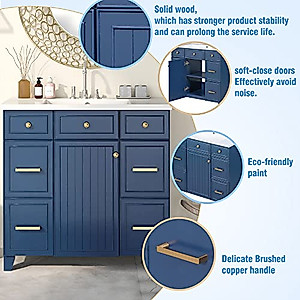 Merax 36" Bathroom Vanity W Soft Closing Door, Combo Stand Storage Cabinet Set and Square White Resin Sink Top, Navy Blue
