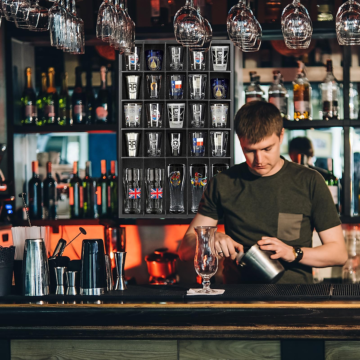 DARCKLE Shot Glass Display Case for Wall, Wood Holds Set of 30 Glasses Shot Glass Holder Display Shelf, 17'' x 12''-3'' x 2'' (Black, 1PCS)