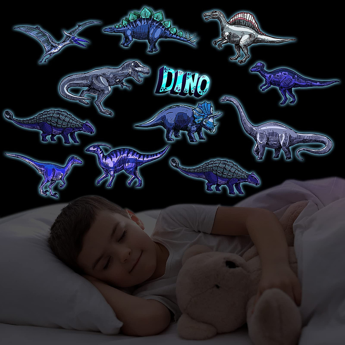 Zonon 114 Pcs/ 4 Sheet Glow in The Dark Dinosaurs Stickers for Waterproof Glowing Dinosaur Wall Decals Large Removable Glow Wall Decor for Boy Bedroom Ceiling Kid Nursery Playroom(Blue Glow)