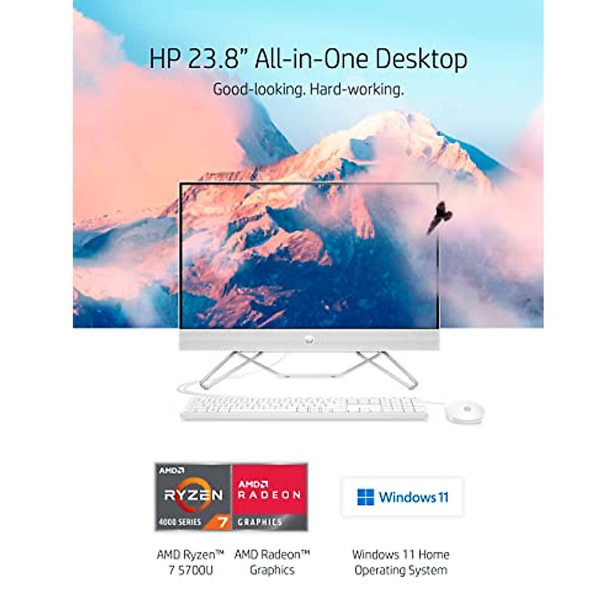 HP 24" All-in-One Desktop, AMD Ryzen 7 5700U, 16 GB, 256 GB SSD & 1 TB Hard Drive, Full HD IPS Touchscreen, Windows 11 Home, 4 USB Ports, Privacy Camera, Dual Mics, Keyboard & Mouse (24-cb0090, 2021)