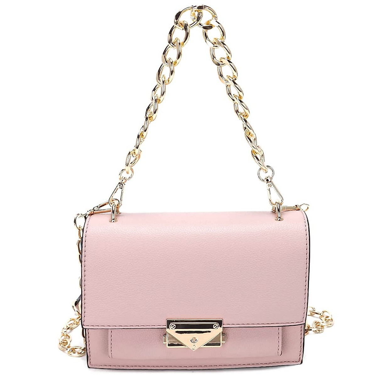 Chain Top-Handle Square Flap Clutch Satchel Vegan Leather Crossbody Purse (Chain Top-Handle - Khaki)