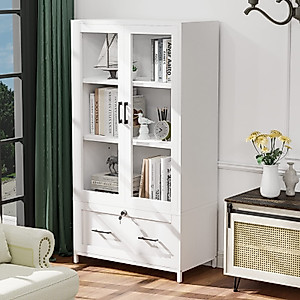 VINGLI Wood Lateral File Cabinet With Bookshelf With Glass Doors And Adjustable Shelves for Home Office, White Filing Cabinet With Lock for Hanging Letter/A4/Legal Size Labeled Folders,30W x 16D x 55H