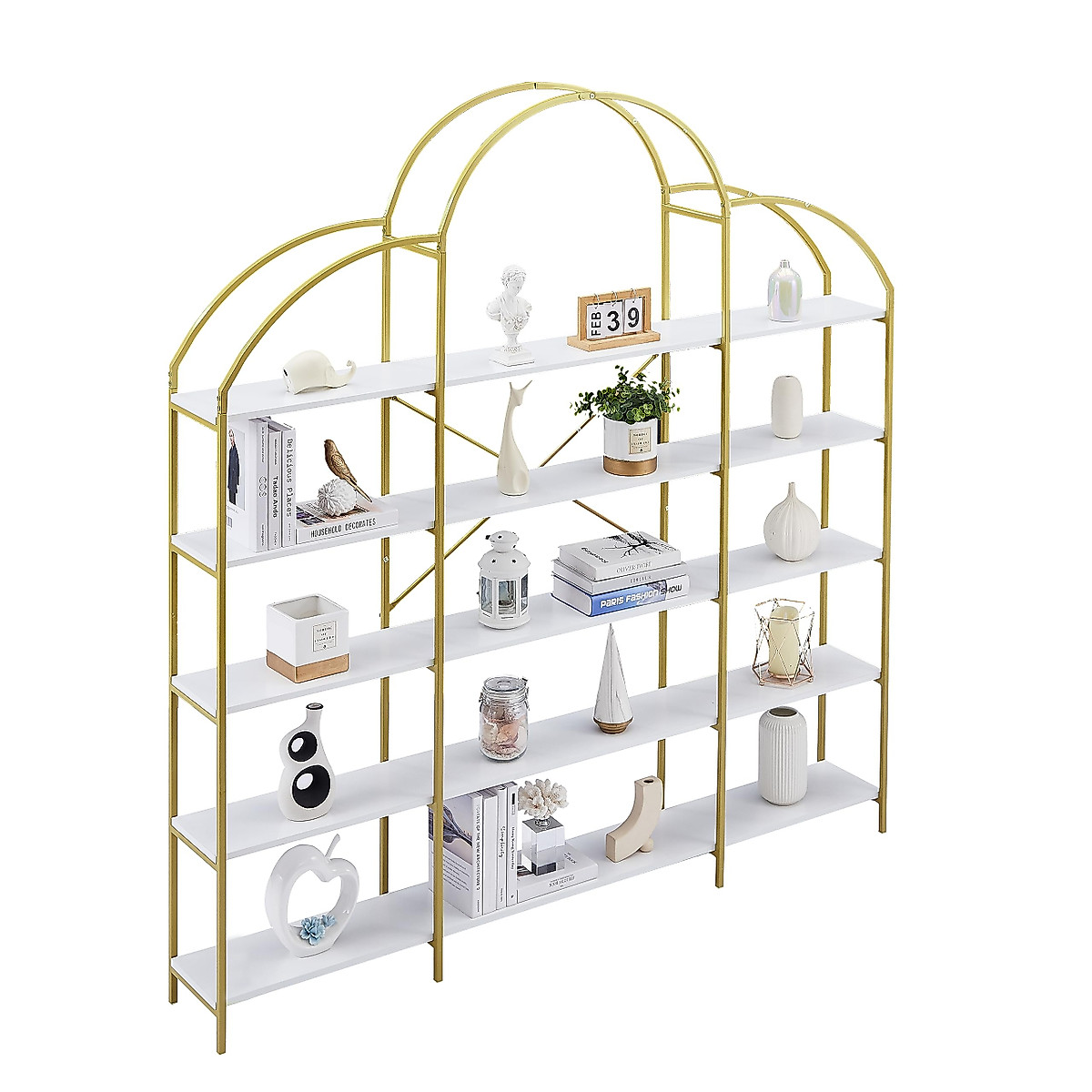 Merax Bookshelf 5 Tiers Bookcase, Gold Display Shelf Organizer with X Bar Frame, Crown-Shaped Design, White