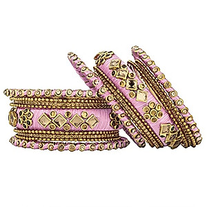 Aheli Ethnic Handmade Silk Thread Faux Stone Studded Bangle Set Chuda Indian Wedding Wear Fashion Jewelry for Women (Light Pink)
