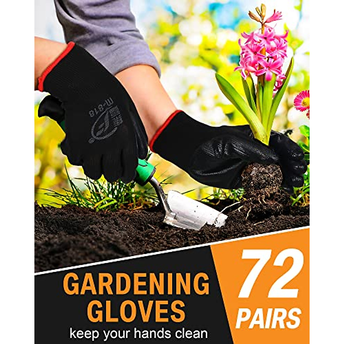 Potchen 72 Pairs Gardening Work Gloves Bulk for Men Women, Rubber Coated Black Garden Multipack Safety Construction Glove, 144 Count (Pack of 1)