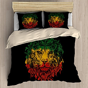 FEIDANNO Rasta Duvet Cover Set Queen Size, Ethiopian Flag Colors on Grunge Sketchy Lion Head with Black Backdrop Theme Art, A Decorative 3 Piece Bedding Set with 2 Pillow Shams,(Multicolor,Queen)