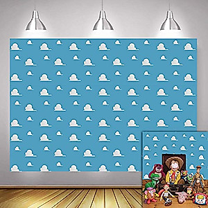 Fanghui 7x5FT Cartoon Kids Backdrop Blue Sky White Clouds Background Birthday Party Boy Baby Shower Dessert Table Banner Supplies Photo Booth Props