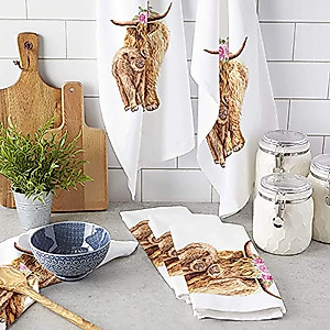 Yun Nist Kitchen Dish Towels,Spring Scottish Highland Cow White Back Soft Microfiber Dish Cloths Reusable Hand Towels,Cartoon Animal Pink Flower Washable Tea Towel for Dishes Counters 1 Pack