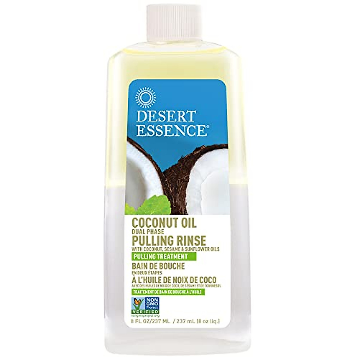 Desert Essence Coconut Oil Dual Phase Pulling Rinse, Mint, 8 fl oz - Alcohol Free, Sugar Free, Gluten Free, Vegan, Non-GMO - Organic Virgin Coconut Oil, Sesame Oil, Sunflower Oil & Tea Tree Oil