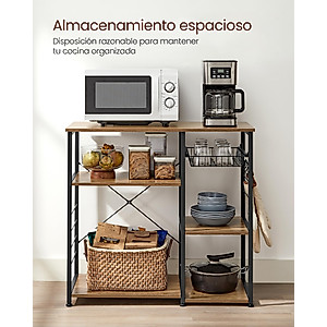 VASAGLE ALINRU Kitchen Baker’s Rack, Coffee Bar, Microwave Oven Stand, with Steel Frame, Wire Basket, 6 Hooks, for Mini Oven, Spices Utensils, Industrial, Rustic Walnut and Black UKKS090B41