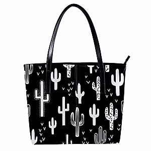 Women Tote Shoulder Bag, Fun Western Cactus Black and White Leather Work Handbag with Zipper for Teens College Students