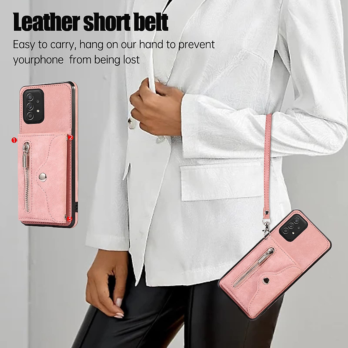 Phone Case for Samsung Galaxy A52/A52S 5G Wallet Cover with Tempered Glass Screen Protector Wrist Crossbody Strap Lanyard Credit Card Holder Stand Leather Cell A 52 S 4G G5 52A S52 52S Men Rose Gold