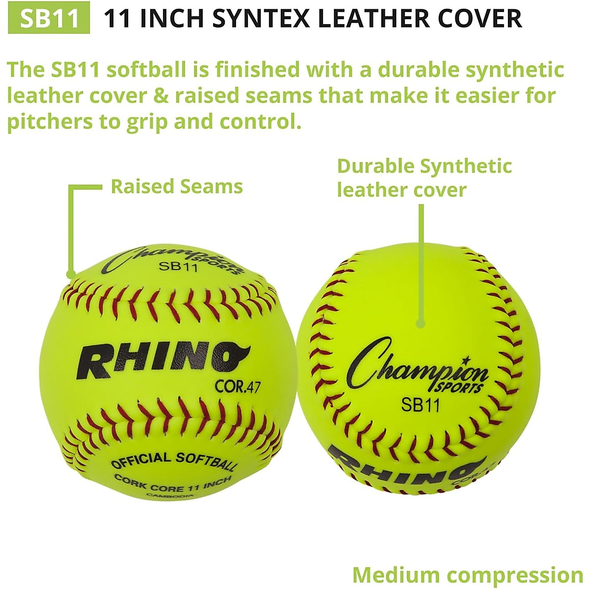Champion Sports 11" Syntex Leather Cover Softballs - Cork Core - Medium Compression - NFHS Approved - Raised Seams - Optic Yellow - Pack of 12
