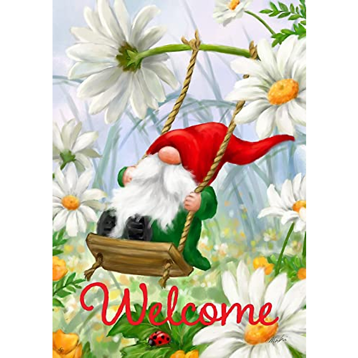 Toland Home Garden 1112626 Welcome Swing Gnome Spring Flag 12x18 Inch Double Sided Spring Garden Flag for Outdoor House Daisy Flag Yard Decoration