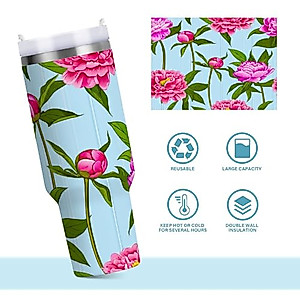 RPLIFE Pink Peonies Light Blue Stainless Steel Coffee Mug, Insulated Tumbler, Tumbler for Men