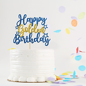 MonMon & Craft Happy Golden Birthday Cake Topper/Happy 1st 20th 30th 40th 50th Birthday Cake Decor/Golden Birthday Party Decorations - Blue & Gold Glitter