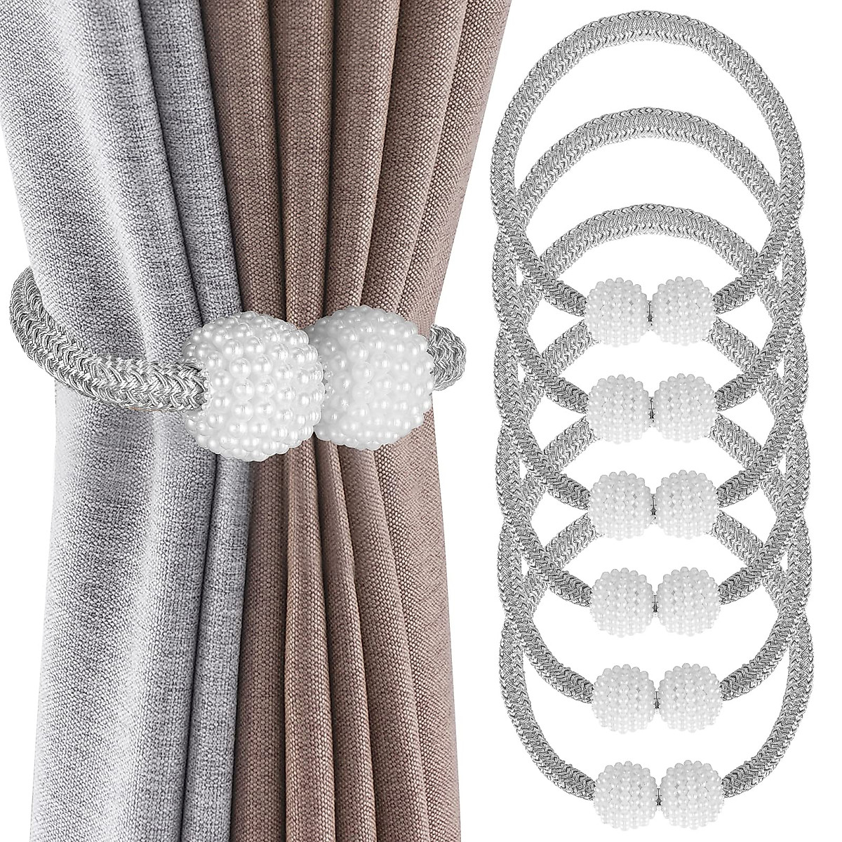 MAJOYLIFE Magnetic Curtain Tiebacks 6 Pack,Curtain Holdbacks Magnetic,Pearl Curtain Tie Backs for Home and Office Decoration(Grey)