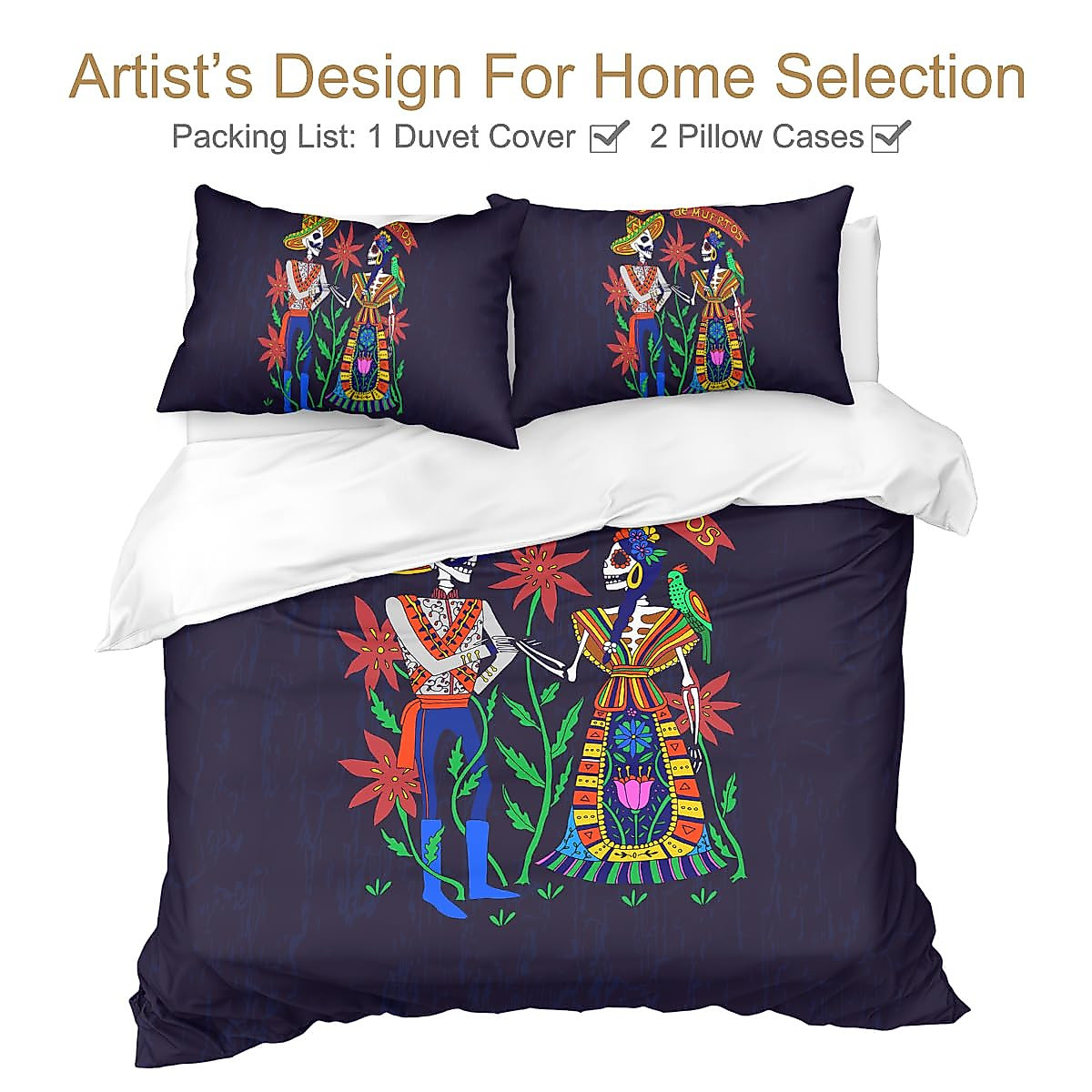 Sleepwish The Day of The Dead Bedding Skeleton Lovers Duvet Cover Set 3 Piece Dia de Los Muertos Printed Design Comforter Cover Sets Full 1 Duvet Cover 2 Pillowcases