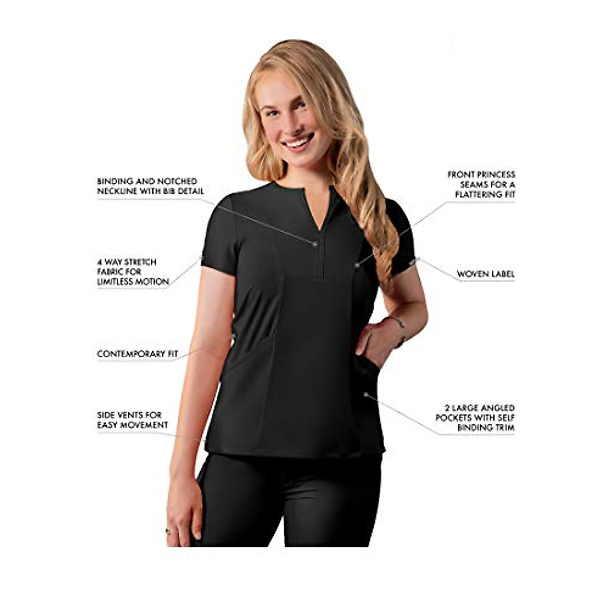 Adar Addition Scrubs for Women - Notched V-Neck Scrub Top - A6002 - Black - S