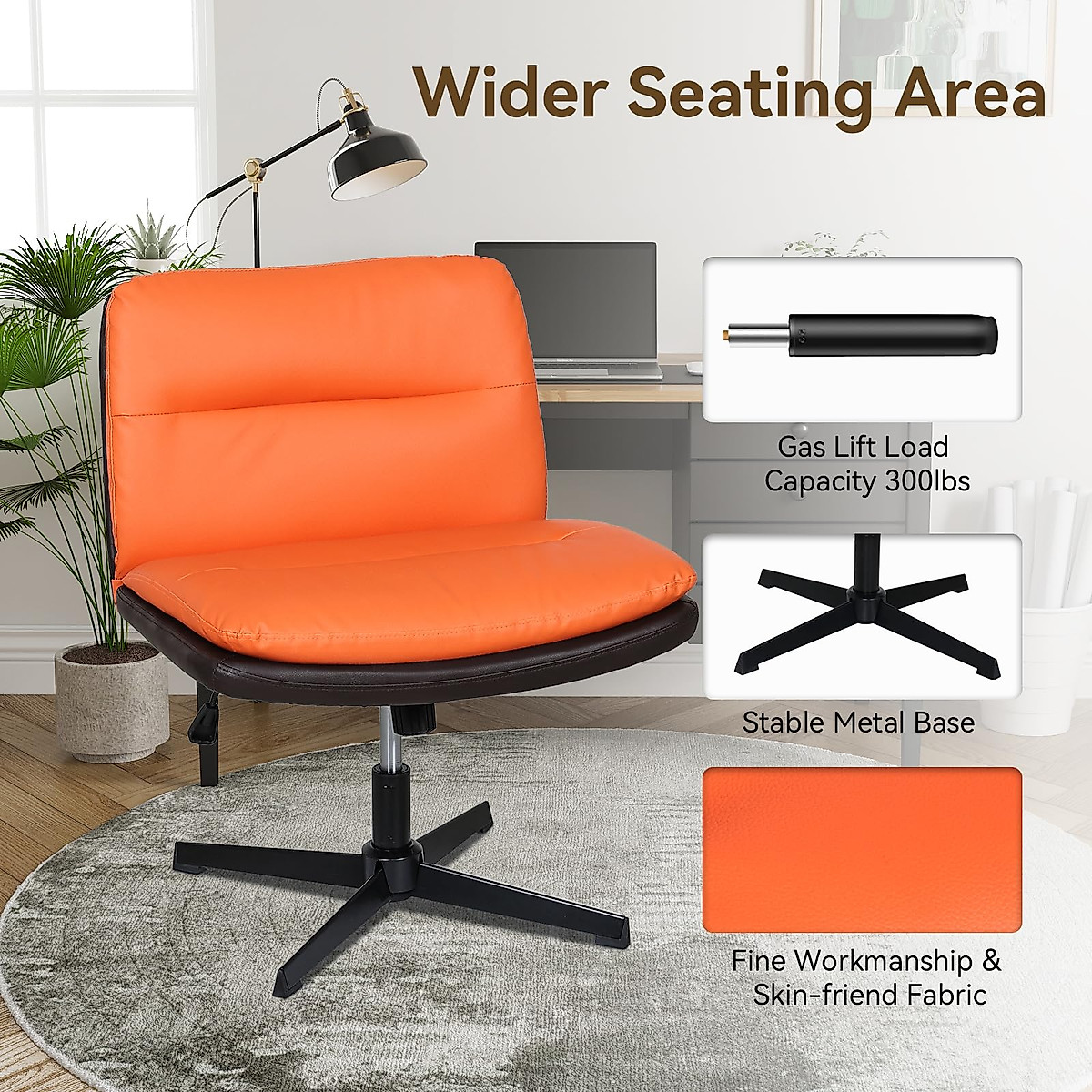 ELECWISH Criss Cross Office Chair, Armless Cross Legged Desk Chair No Wheels, PU Leather Applesauce Office Chair Wide Padded Home Office Chair for Bedroom, Living Room(Orange+Brown)