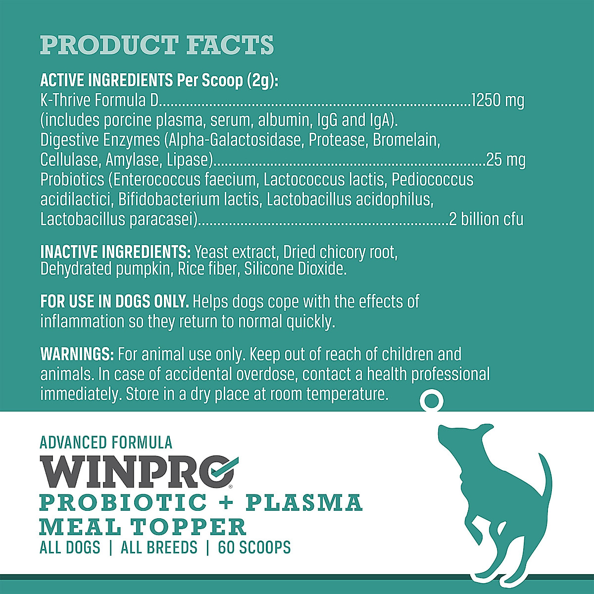 WINPRO Dog Probiotic Powder Meal Topper, Spray Dried Plasma with Prebiotics and Probiotics for Digestive Support and Gut Health for Dogs, All Breeds, Ages, and Sizes, 60 Scoops, Made in USA