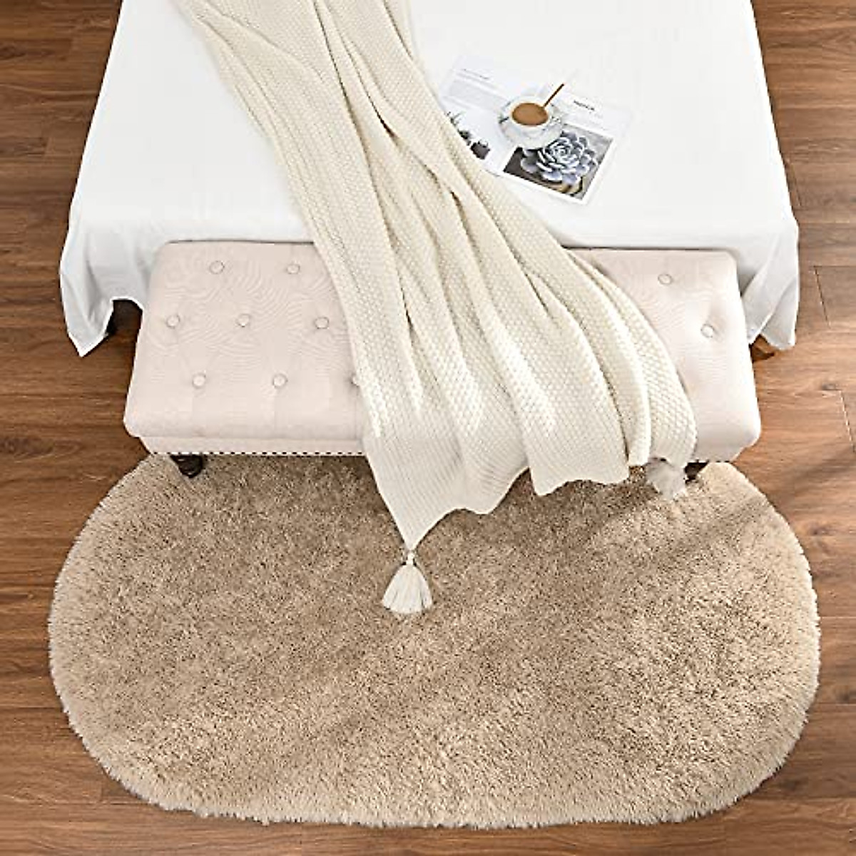 Softlife Fluffy Rugs for Bedroom, Shag Cute Area Rug for Girls and Kids Baby Room Home Decor, 2.6 x 5.3 Feet Oval Indoor Carpet for Nursery Dorm Living Room, Camel