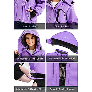 FARVALUE Girls Waterproof Skiing Jacket Windproof Winter Coat Warm Snow Coat with Removable Hood Purple 8