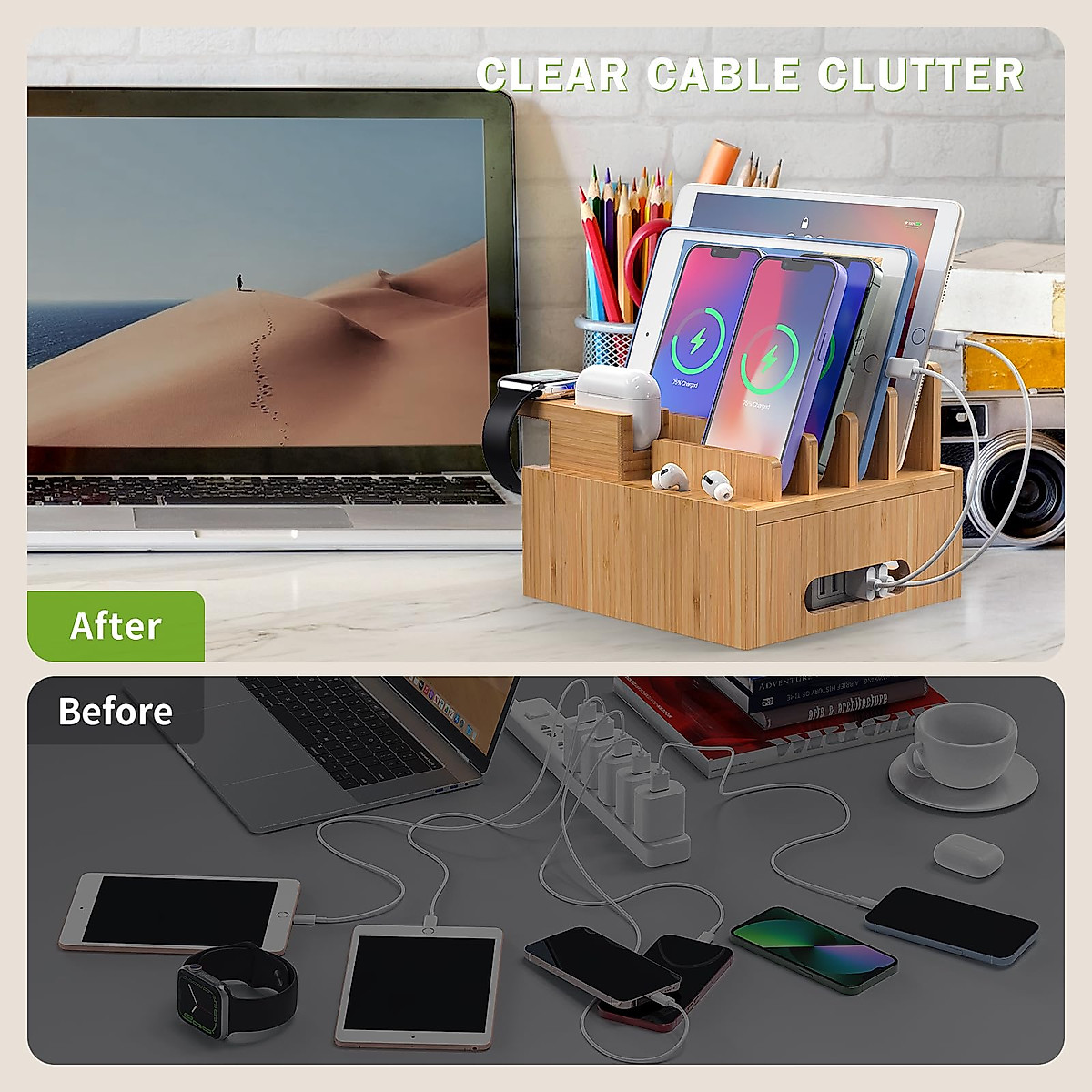 Pezin & Hulin Bamboo Multiple USB Charging Station for Phones and Tablets, All-in-one Organizer Dock for Watch, Earbuds - with 6 Cables, 5 Ports Hub Charger