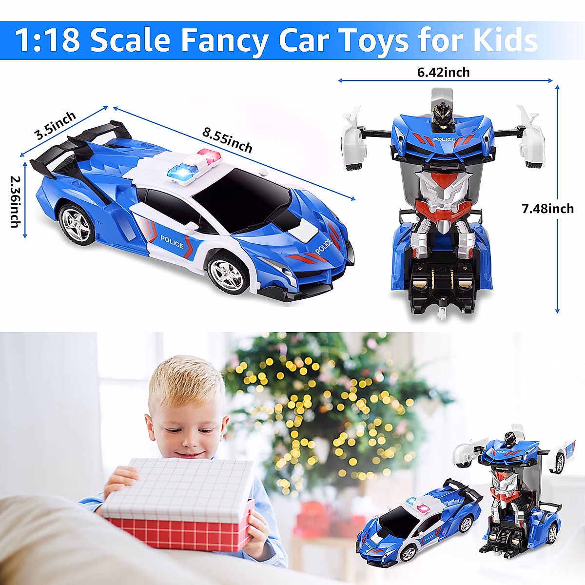 FAFUGANIA Remote Control Car, Transform Robot RC Car with One Button Deformation, 2.4Ghz 360 Degree Rotating Drifting Police Toy Cars, 1:18 Transforming Robot Boys Toys