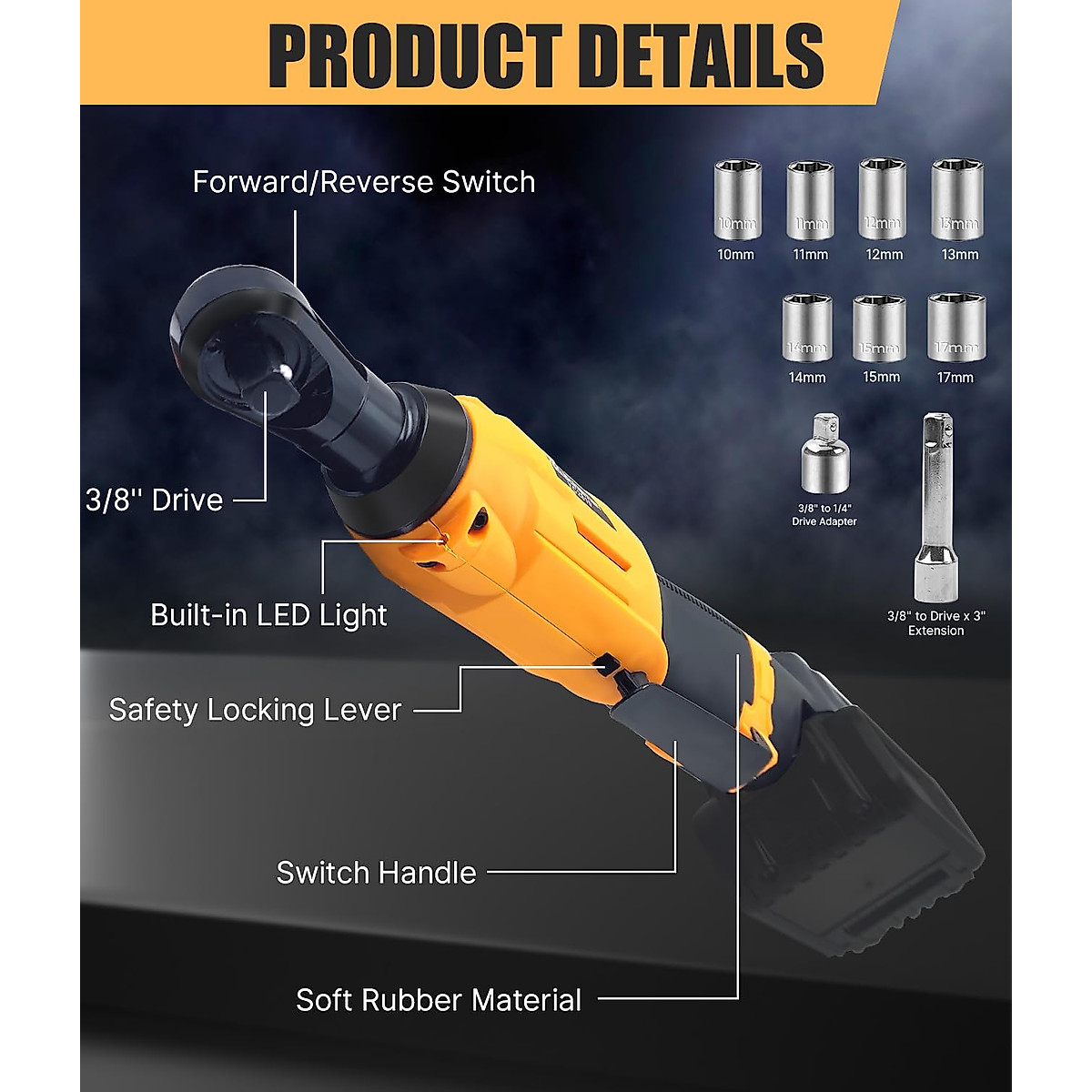 3/8'' Cordless Ratchet Wrench Set for Dewalt 20V Battery, 60 Ft-lbs 400 RPM Variable Speed Trigger Electric Power Ratchet Wrench Replace for DCF513B Tool Kit (Tool Only)