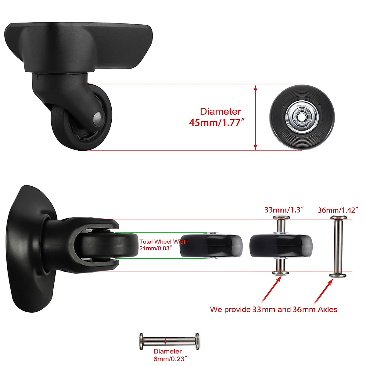 OwnMy 45mm x 18mm Luggage Suitcase Replacement Wheels, Rubber Swivel Caster Wheels Bearings Repair Kits, A Set of 4