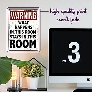 What Happens In This Room Metal Sign - Easy-to-Hang Wall Decor - Fun Tin Signs for Man Cave - Metal Dorm Room Decorations, Garage Signs, and Man Cave Signs