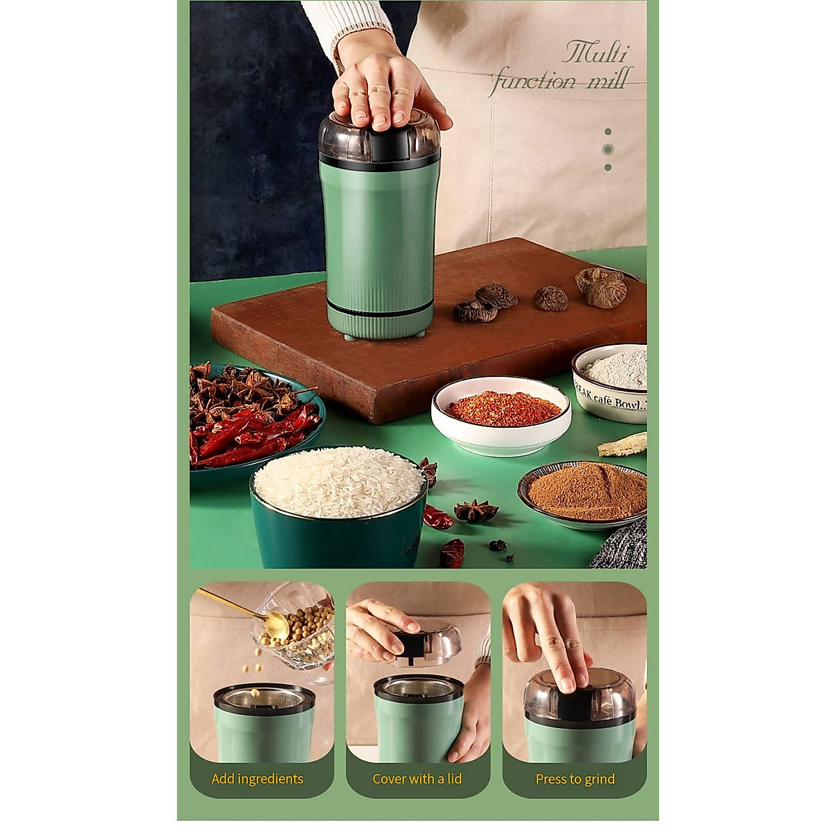 GTUOXIES Electric Grinding Miller, Portable Grain Grinder, Household Flour Miller, Fine Milling, Dry and Hard Grinding for Coffee, Spice, Pepper Beans and More, Stainless Steel Blades (Green)