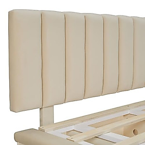 Acosure Queen Size Hydrualic Upholstered Floating Bedframe with LED Light & USB Port,Velvet Upholstered Platform Bed W/Storage,Space Saving,Beautiful Furniture for Bedroom Guest Room Apartment,Beige