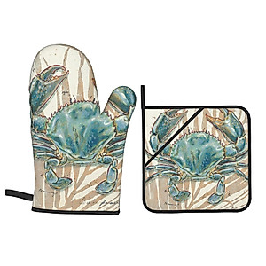 Oven Mitts and Pot Holders Sets of 4,Nautical Ocean Animal Sea Underwater Submarine Blue Crab Fantastic,Oven Mitts Heat Resistant Oven Gloves Set Potholders for Kitchen Baking Grilling