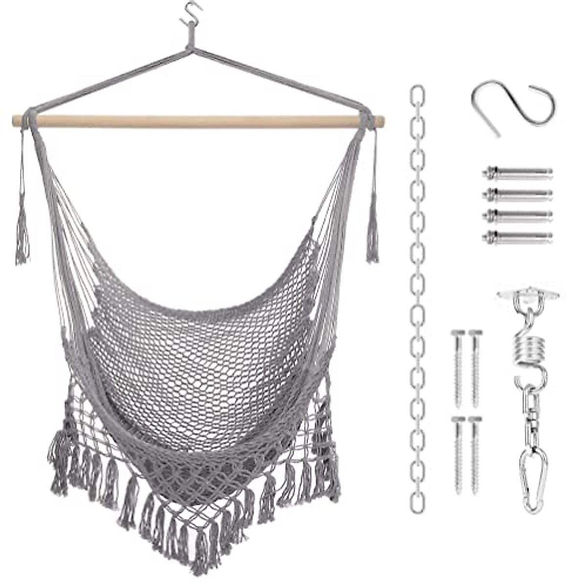 Hammock Hanging Rope Swing Macrame Chair Extra Long Stretching Bed with Max Capacity of 330 Lbs with Complete 360° Rotation Spring Hardware Set Indoor Outdoor Garden Yard (Grey)