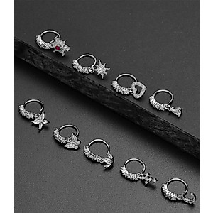 Tornito 10Pcs Dangle Nose Rings Hoop Butterfly Heart Moon Flower Star CZ Cartilage Earring Dangling Nose Body Piercing Jewelry 20G Silver Tone
