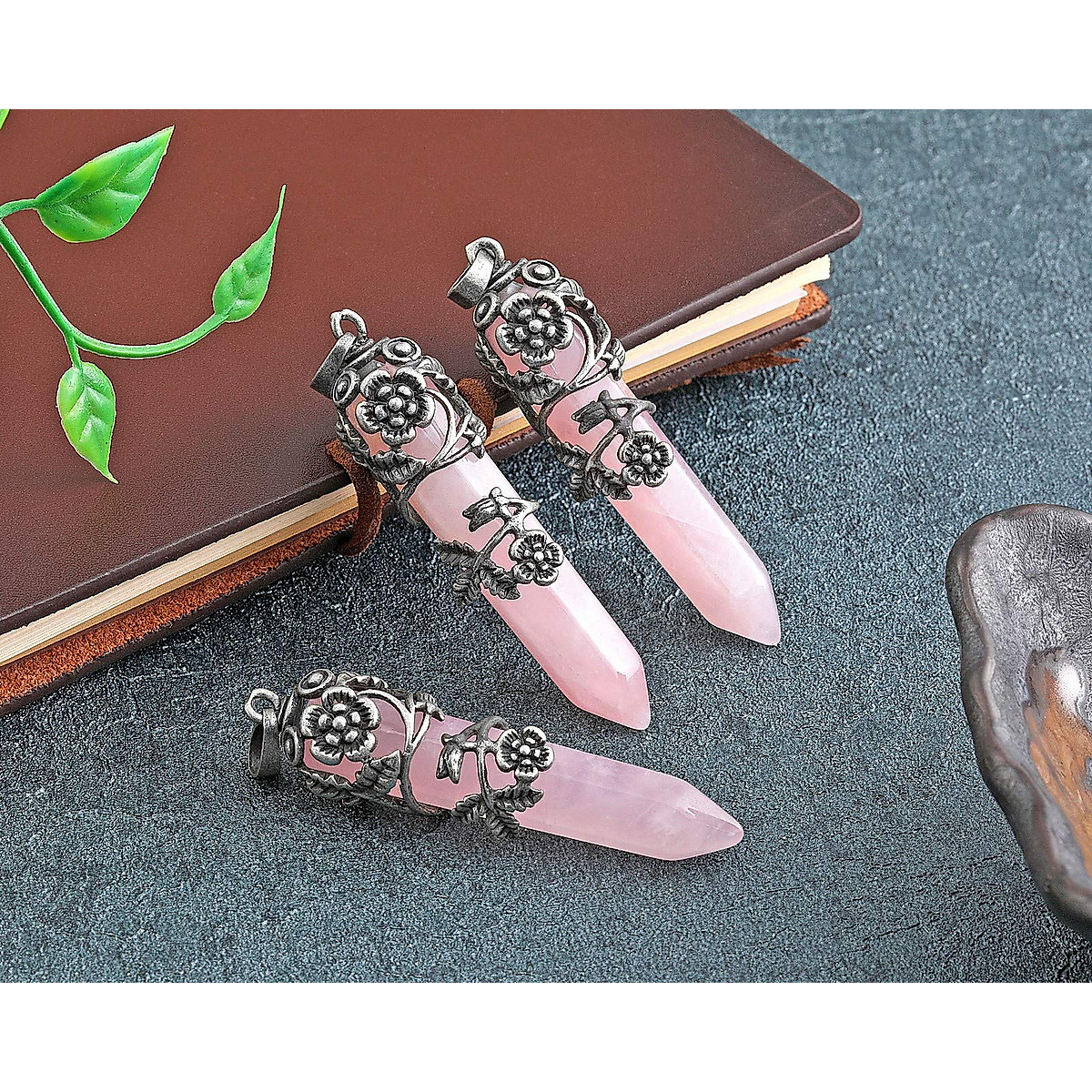 Top Plaza Antique Silver Flower Wrapped Natural Rose Quartz Healing Crystal Necklace Mothers Day Mom Gifts