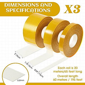 3 Rolls Double Sided Tape Heavy Duty, 0.59/1.18/2 Inch x 66 ft (20m) Clear Fiberglass Mesh Strong Wall Adhesive Tape, Removable Sticky Waterproof Two Sided Mounting Tape for Carpet, Wall, Craft