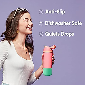 Owala FreeSip Insulated Stainless Steel Water Bottle with Straw, 32-Ounce, Retro Boardwalk & Silicone Water Bottle Boot, Anti-Slip Protective Sleeve Cover for 32-oz Stainless Steel Water Bottles, Blue